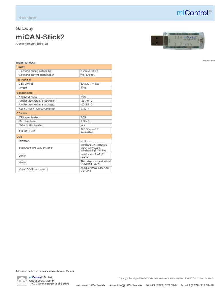DataSheet miCAN-Stick2 en | PDF | Usb | Electrical Engineering