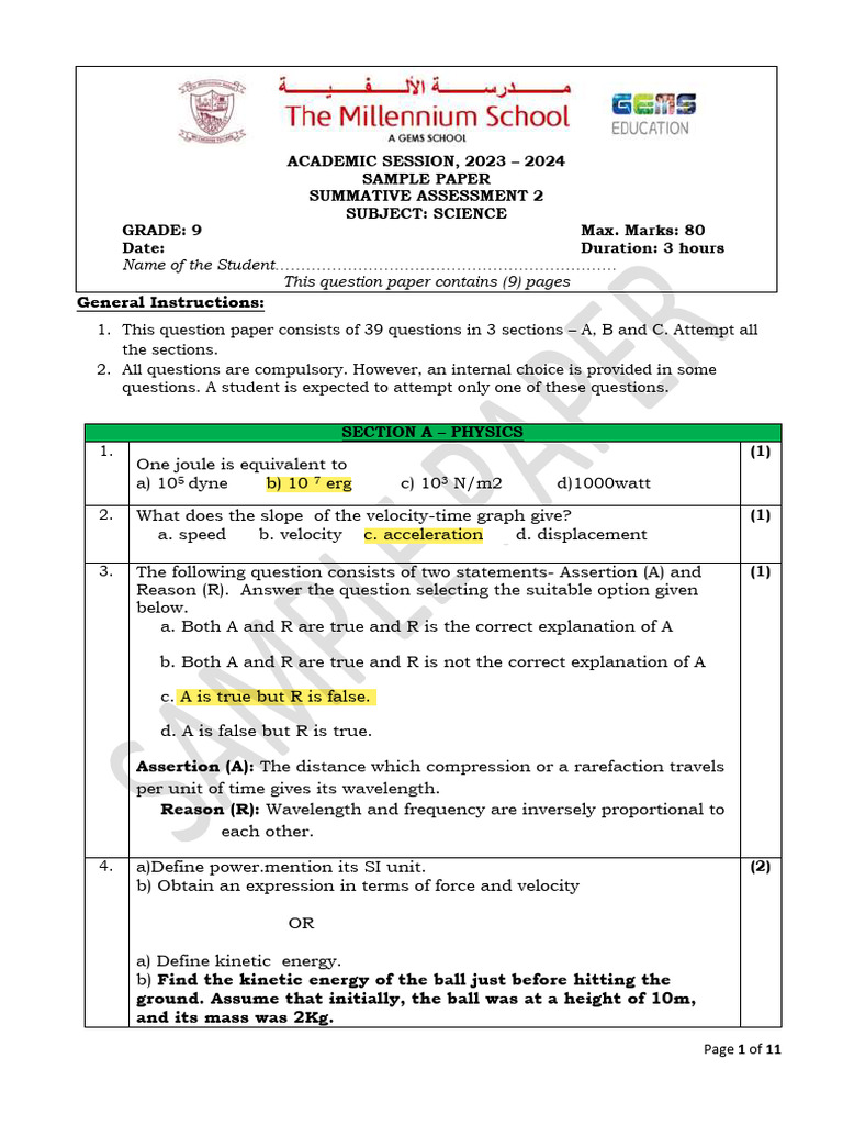 GR 9 SA2 Science Sample Paper 2023-24 Answer Key 12 | PDF | Potential Energy | Atoms