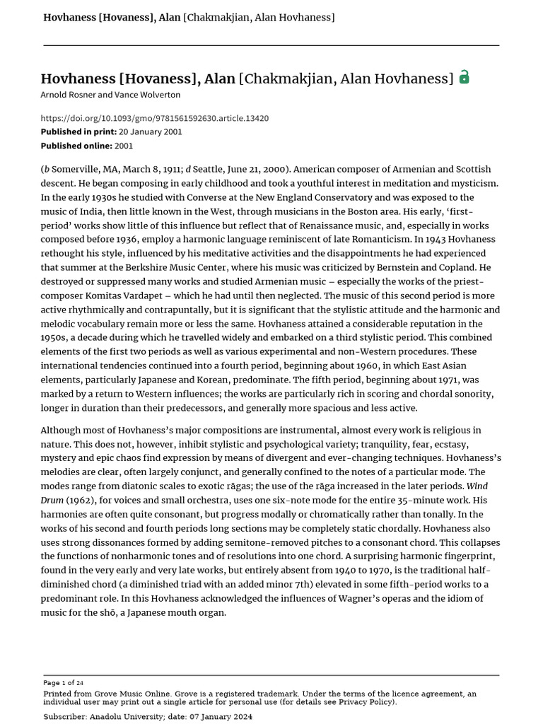 Rosner, A., & Wolverton, V. (2001) - Hovhaness (Hovaness), Alan ...