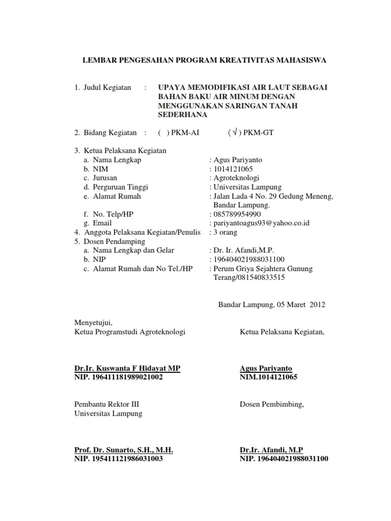 Lembar Pengesahan PKM Jadi | PDF