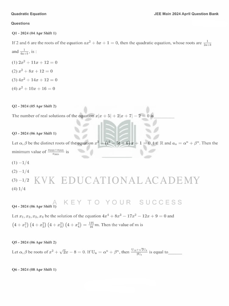 Quadratic Equation - JEE Main Aril2024 | PDF