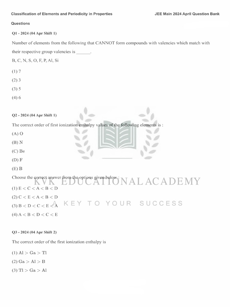 Periodic Table - Jee Mains 2024 April | PDF