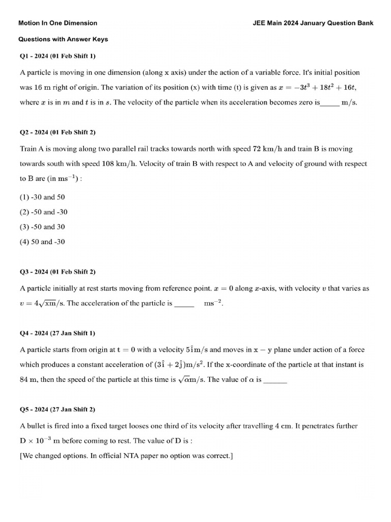 Motion in One Dimension - JEE Ma | PDF