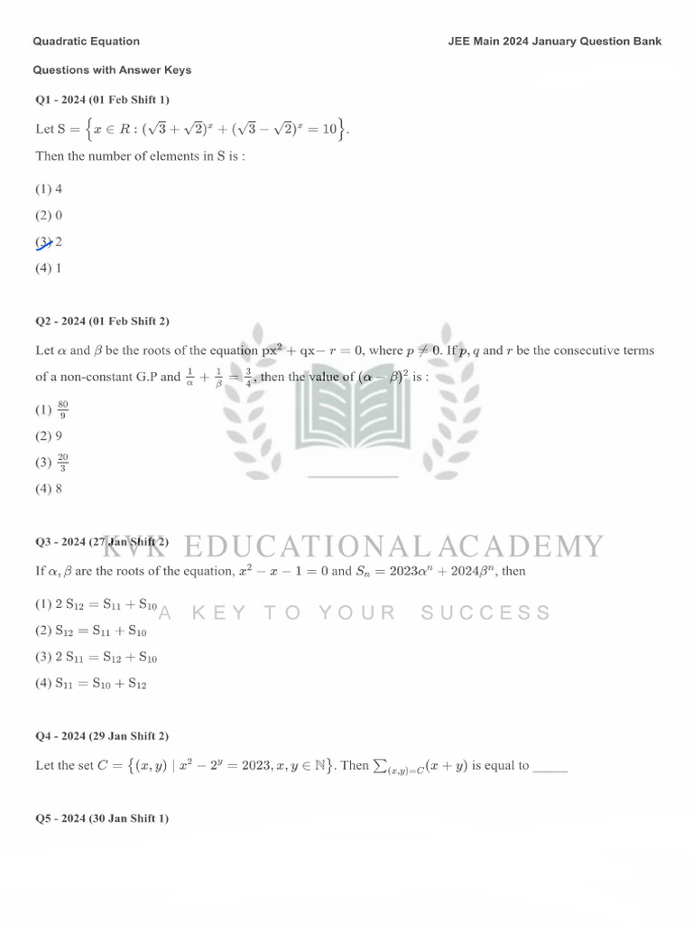 Quadratic Equation - JEE Main Jan2024 | PDF