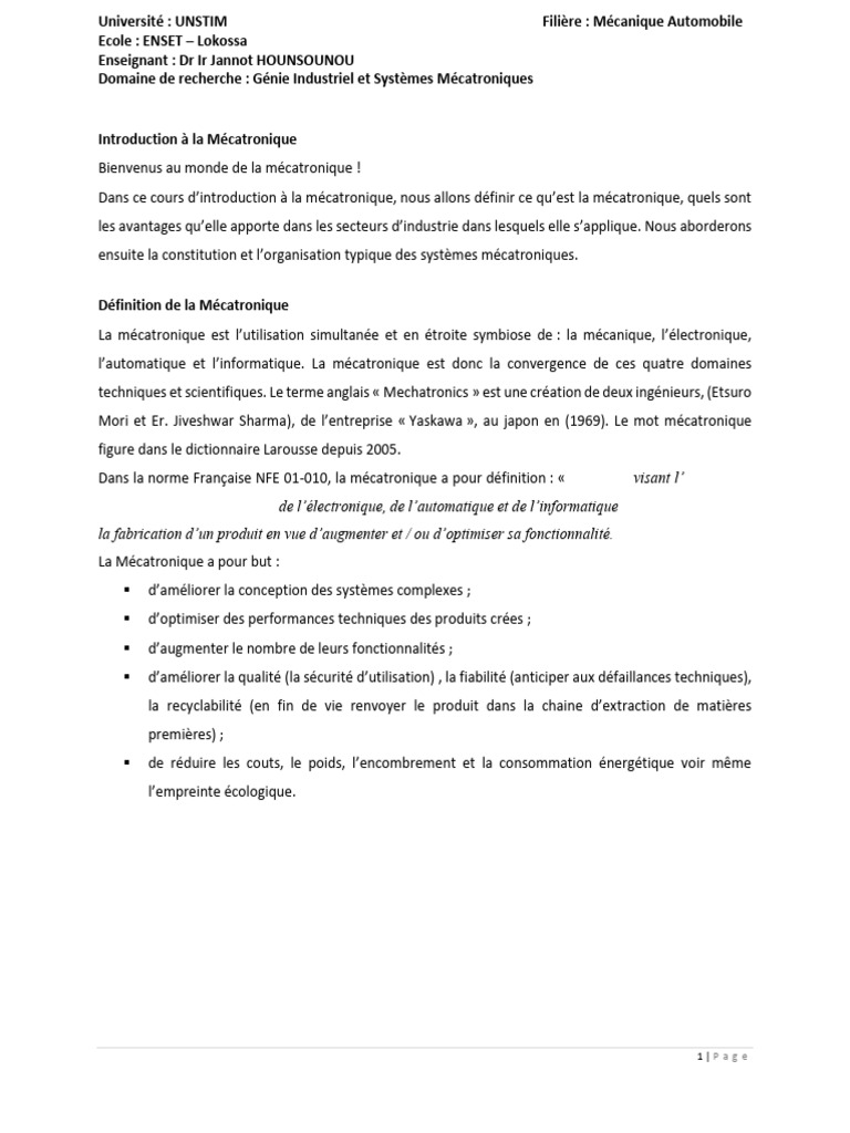 Introduction à la Mécatronique | PDF | Mécatronique | Électronique