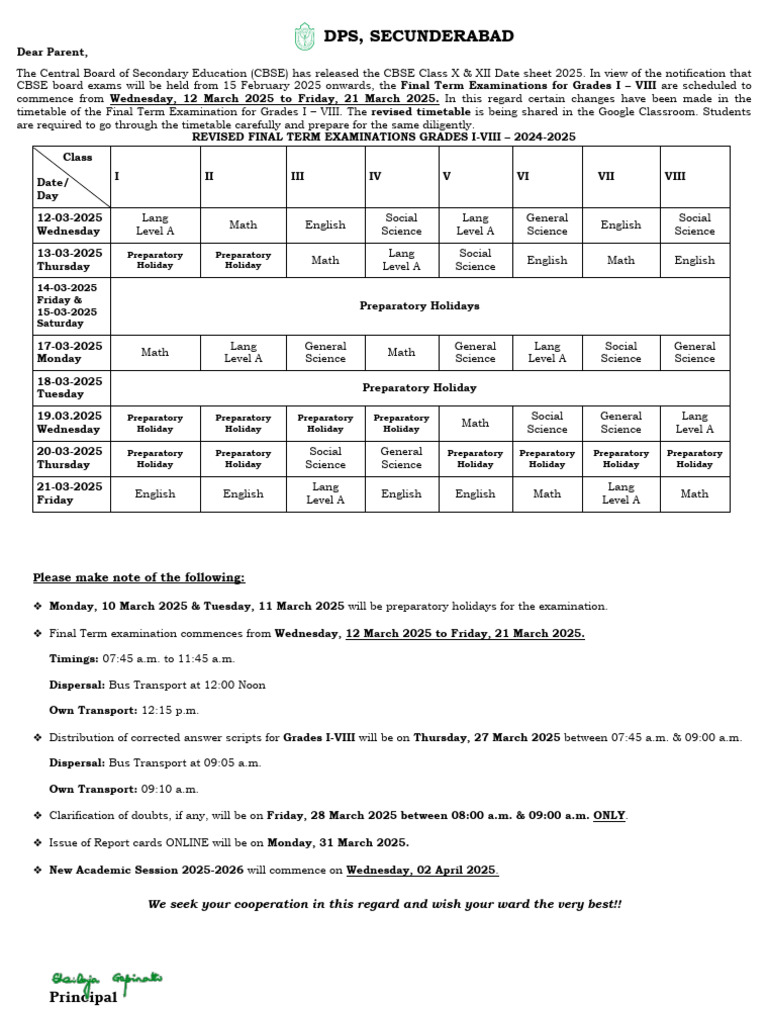 Revised Final Term Examination Date Sheet 2024-25 | PDF ...