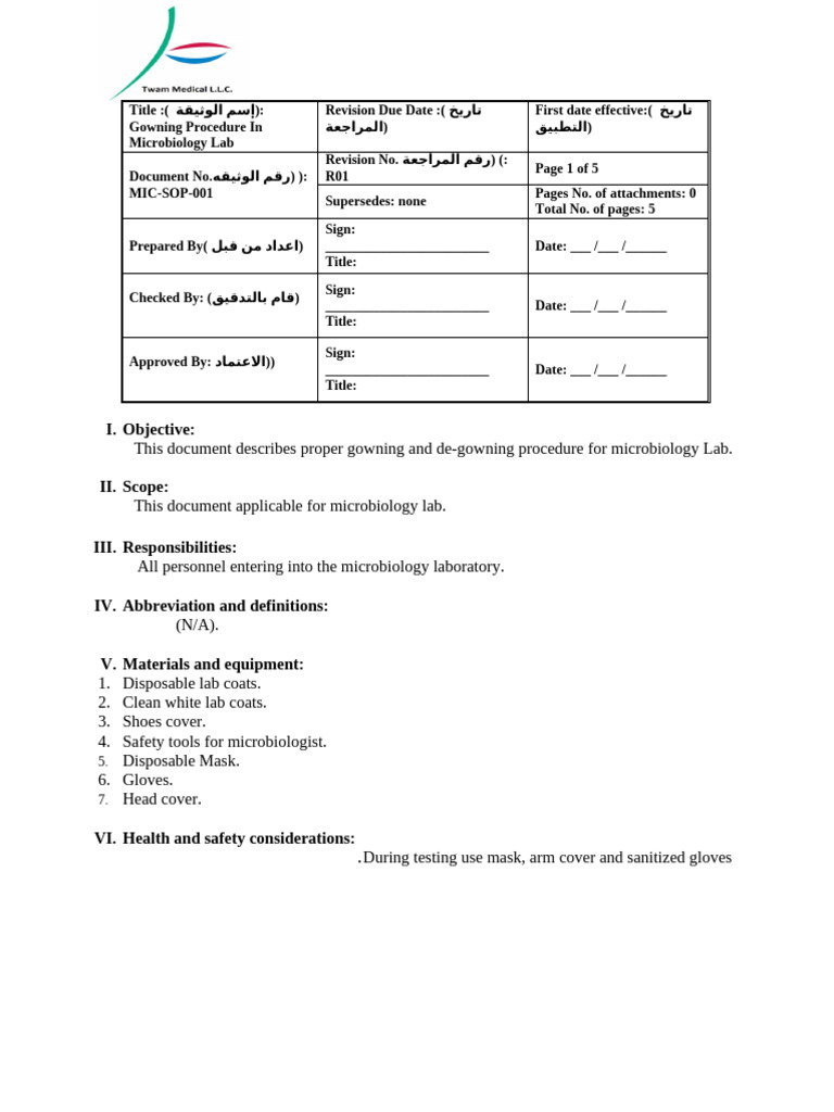 MIC-SOP-001-R1 Gowning Procedure in Microbiology Lab | PDF | Clothing