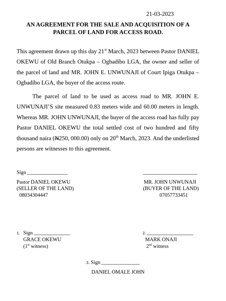 Access Road Land Sale Agreement | PDF