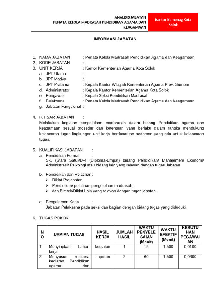 Analisis Jabatan Penata Kelola Madrasah | PDF