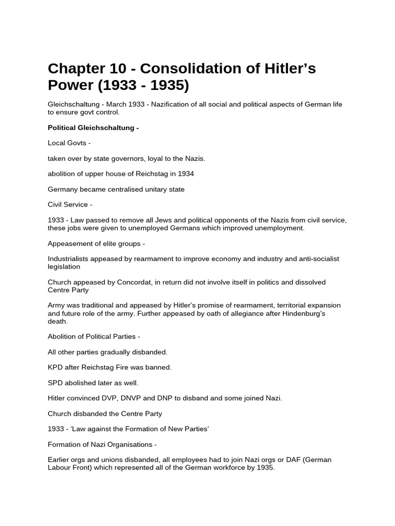 Chapter 10 - Consolidation of Hitler's Power (1933 - 1935) | PDF ...