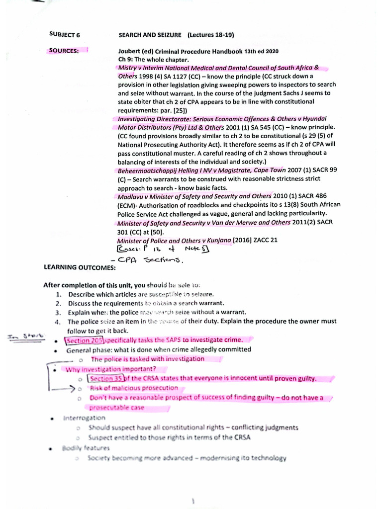 Search & Seizure - Lecture Notes 2025 | PDF