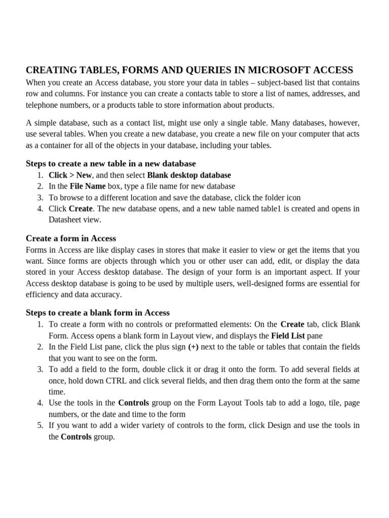 Creating tables, forms, queries | PDF | Databases | Table (Database)