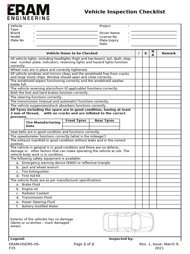 Vehicle Inspection Checklist Template | PDF | Vehicles | Tire