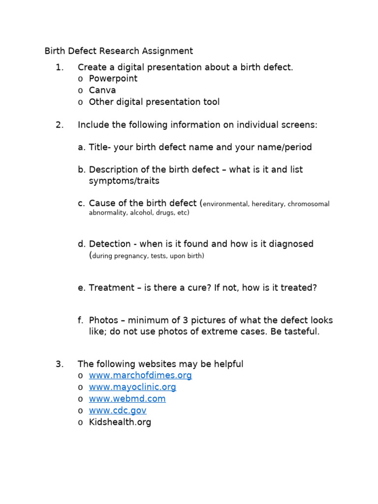Birth Defect Research Assignment 2 | PDF