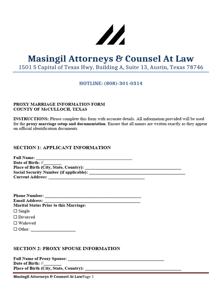 PROXY MARRIAGE INFORMATION FORM | PDF | Marriage | Kinship And Descent