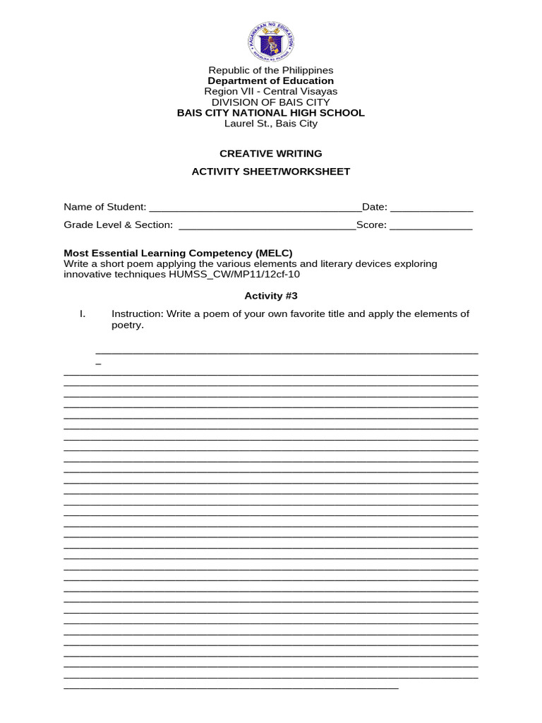 Creative Writing Poem Activity Sheet | PDF | Poetry | Writing
