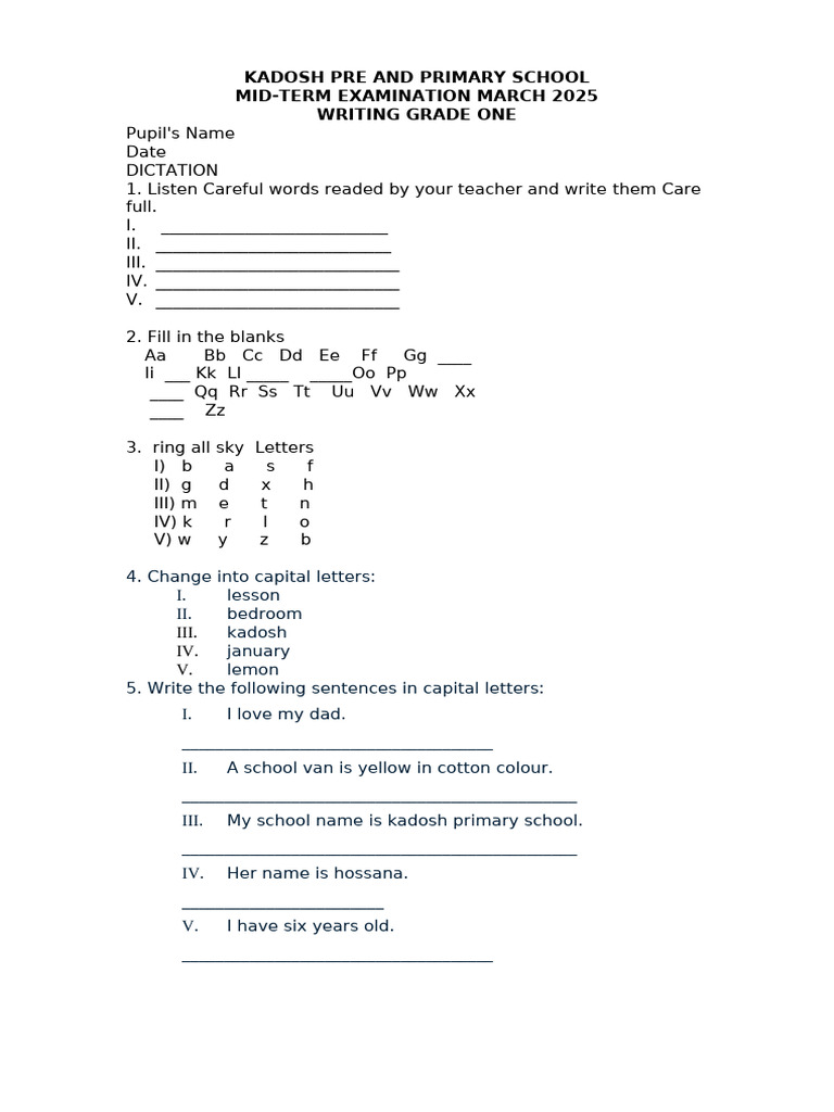 Writing Grade 1 Mid Tem | PDF