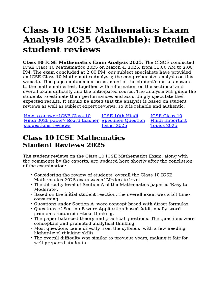 ICSE Class 10 Math Exam Analysis 2025 | PDF | Mathematics ...
