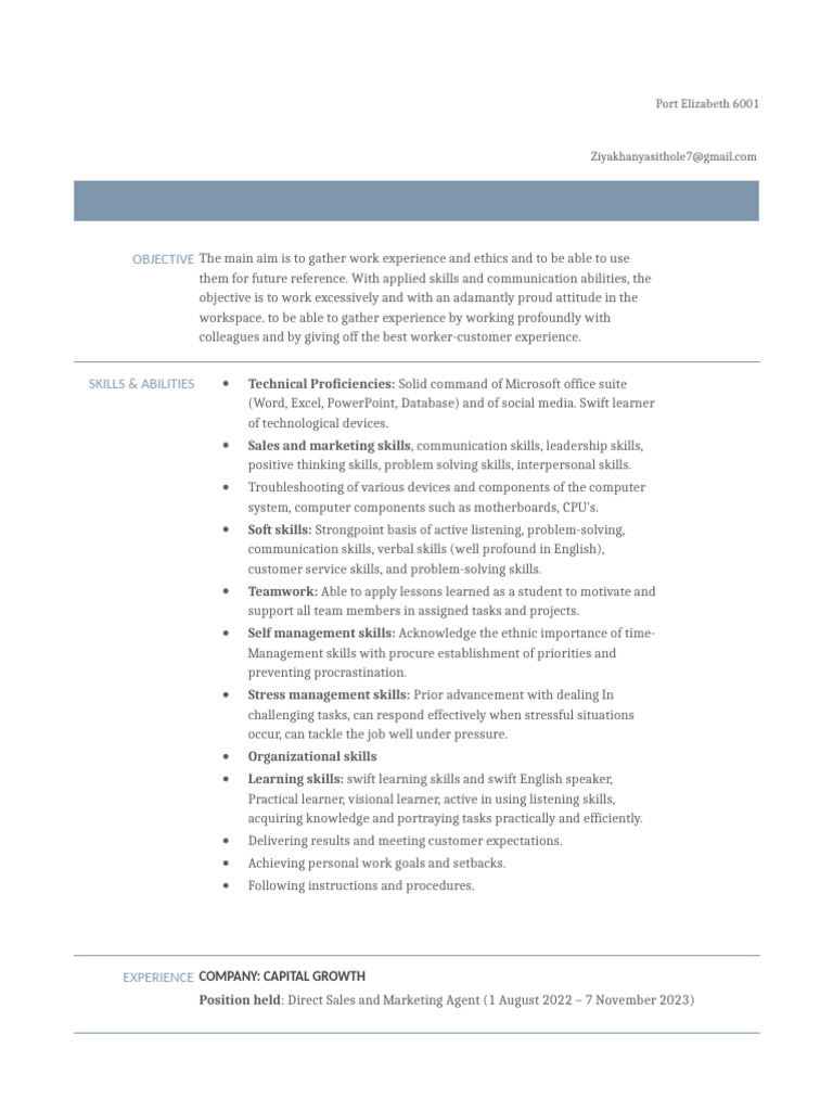CV of Ziyakhanya Banele Sithole | PDF | Skill | Communication