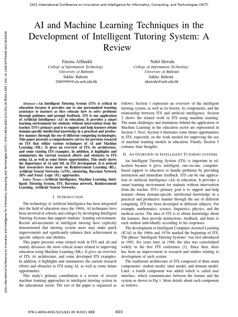 AI and Machine Learning Techniques in The Development of Intelligent Tutoring System A Review ...