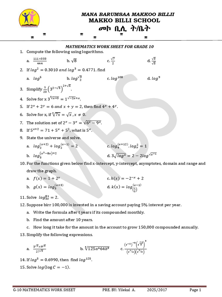 grade 10 maths worksheet | PDF | Square Root | Function (Mathematics)