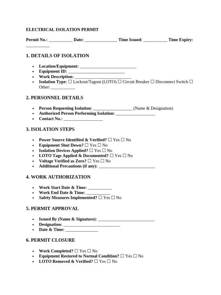 Electrical Isolation Permit | PDF