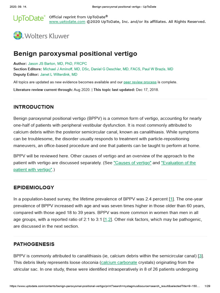 Benign Paroxysmal Positional Vertigo - UpToDate | PDF | Vertigo | Human ...