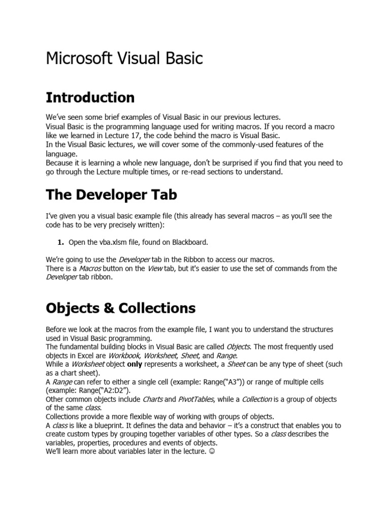 Lecture 19 - Visual Basic | PDF | Microsoft Excel | Variable (Computer ... Lecture 19 - Visual Basic | PDF | Microsoft Excel | Variable (Computer ...