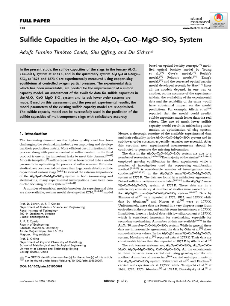 Sulfide Capacity in The Al2O3-CaO-MgO-SiO2 System PDF | PDF | Applied ...