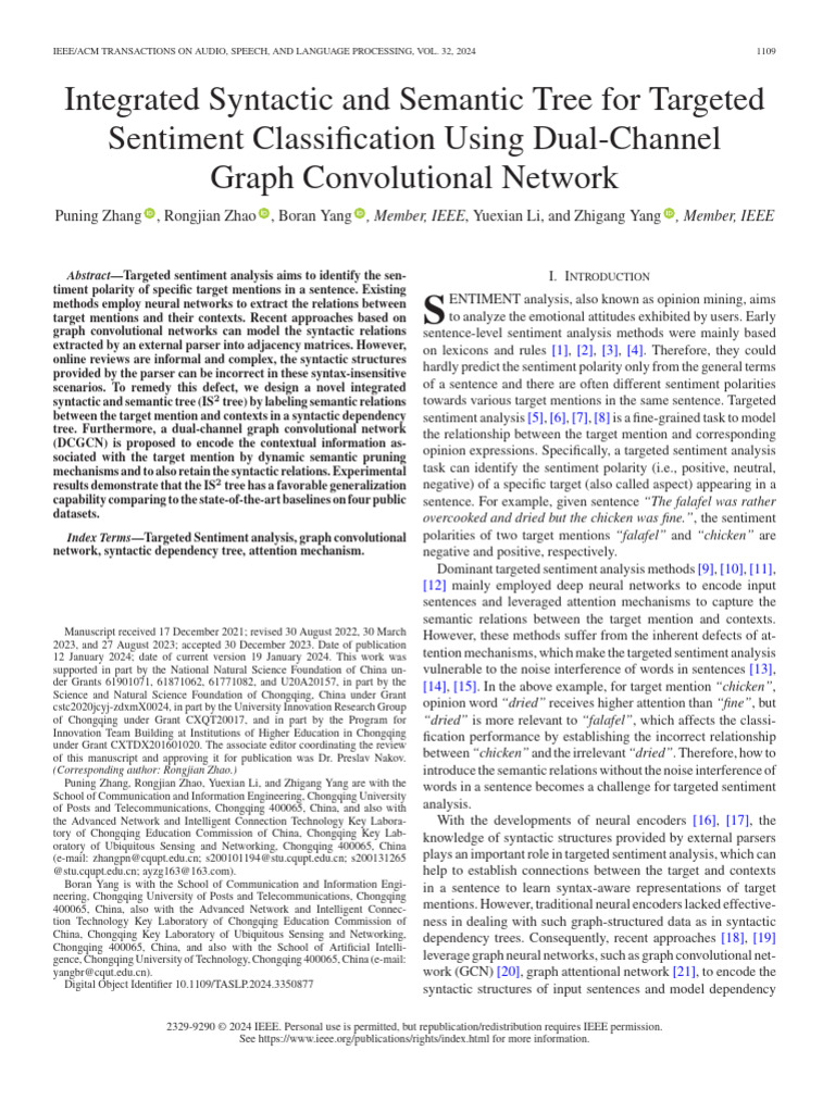 Integrated Syntactic and Semantic Tree For Targeted Sentiment Classification Using Dual-Channel ...