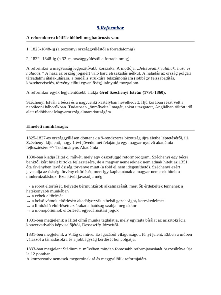 Tétel Reformkor | PDF