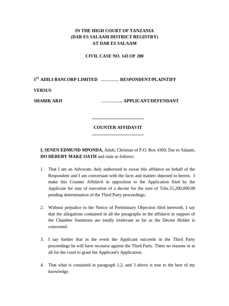 Counter Affidavit in Civil Case 143/200 | PDF