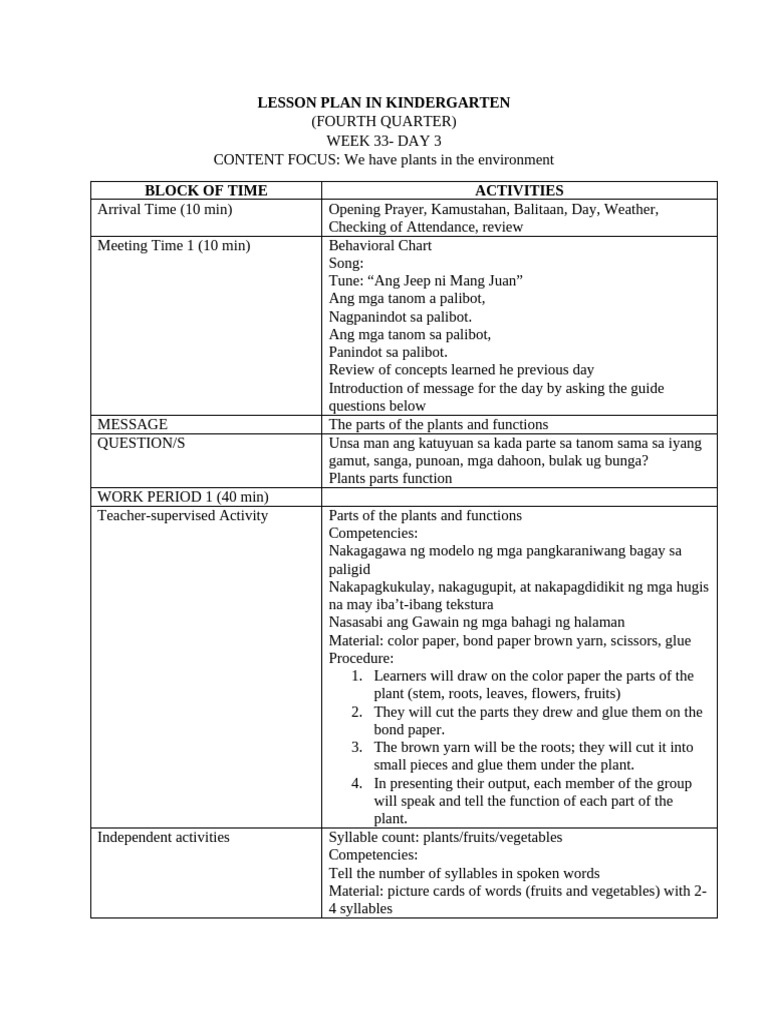 Kindergarten Lesson Plan: Plant Functions | PDF | Human Communication ...