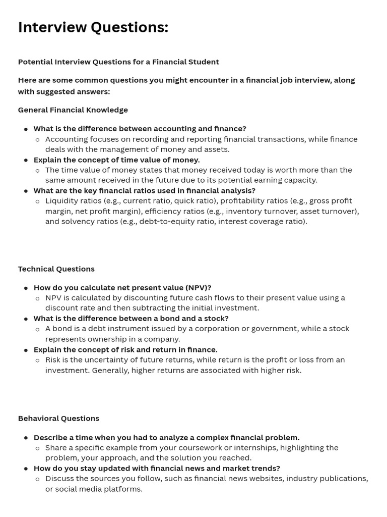 Interview Questions Potential Interview Questions For A Financial ...