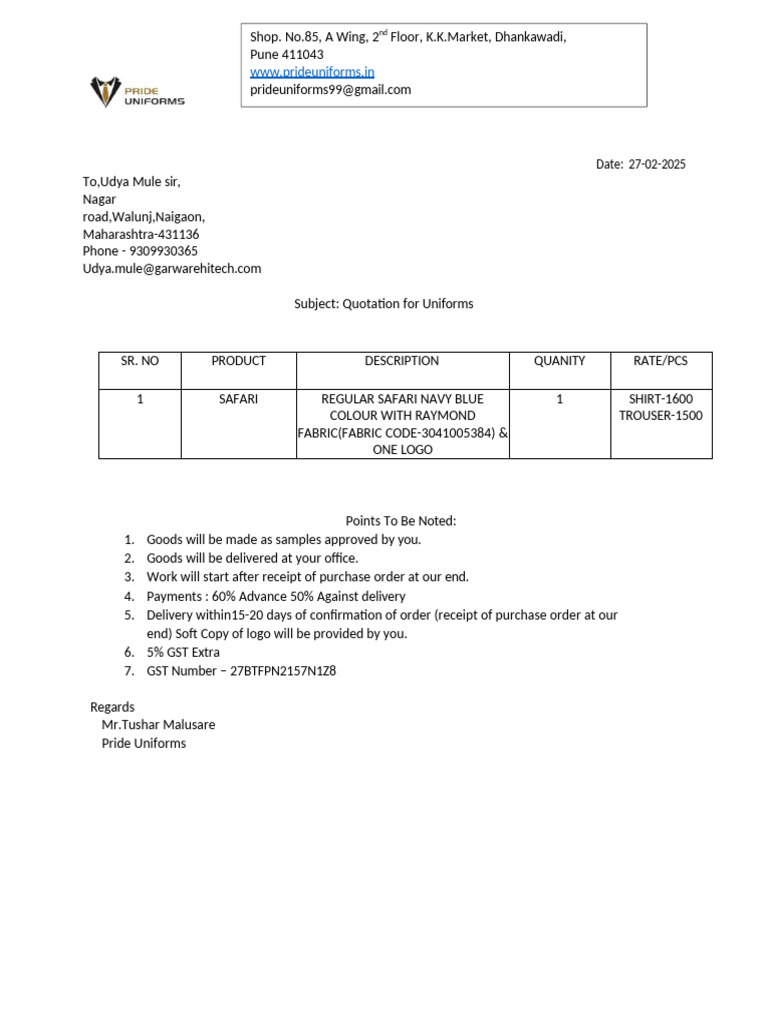 Uniform Quotation for Navy Blue Safari | PDF