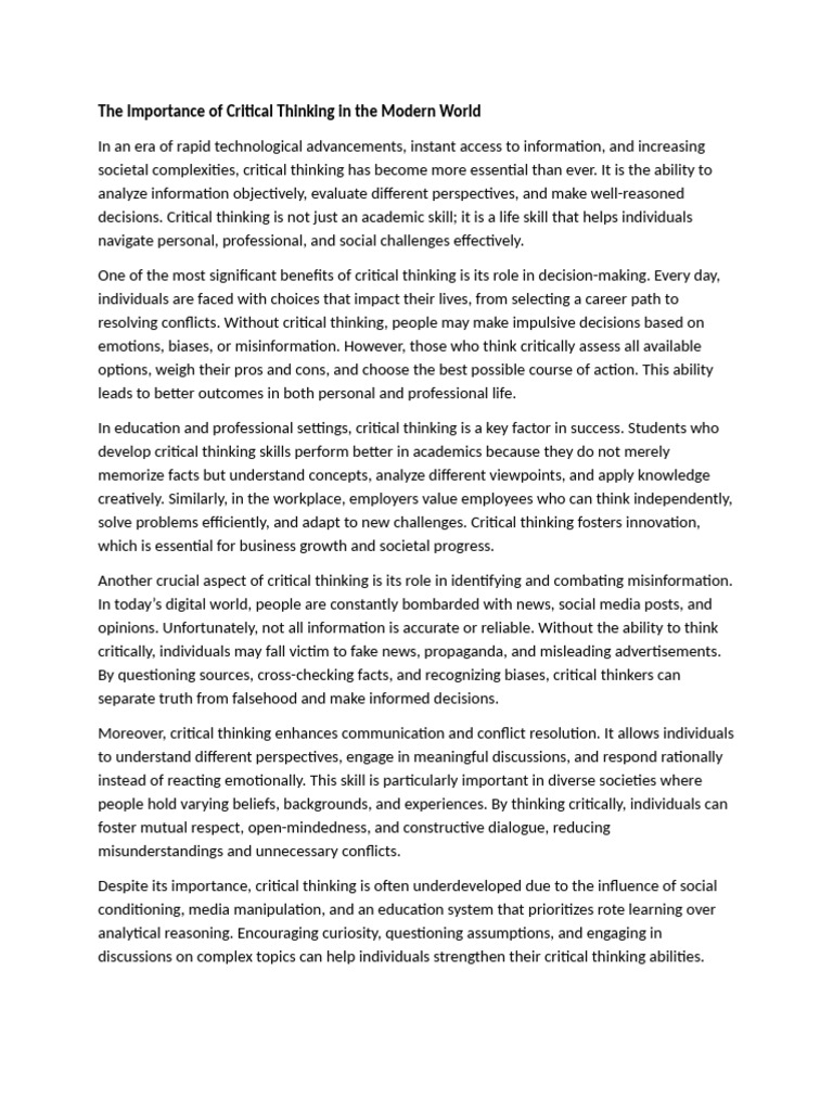 The Importance of Critical Thinking in The Modern World | PDF | Critical Thinking | Thought