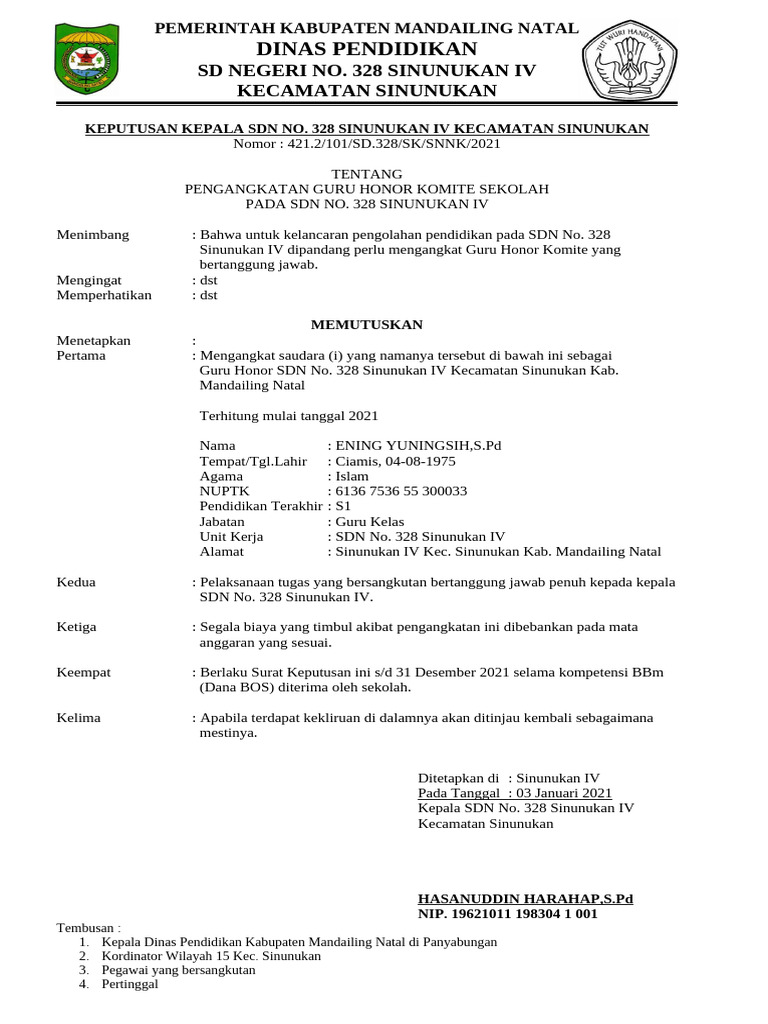 Pengangkatan Guru Honor SDN 328 | PDF