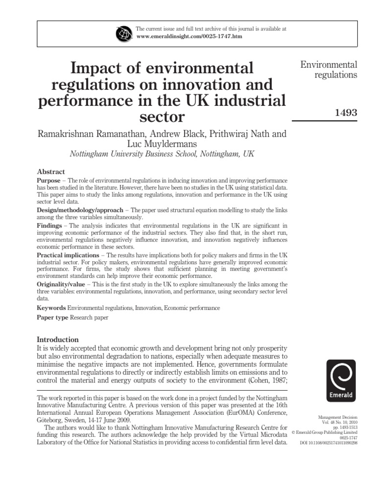 Impact of Environmental Regulations on Innovation and Performance in ...