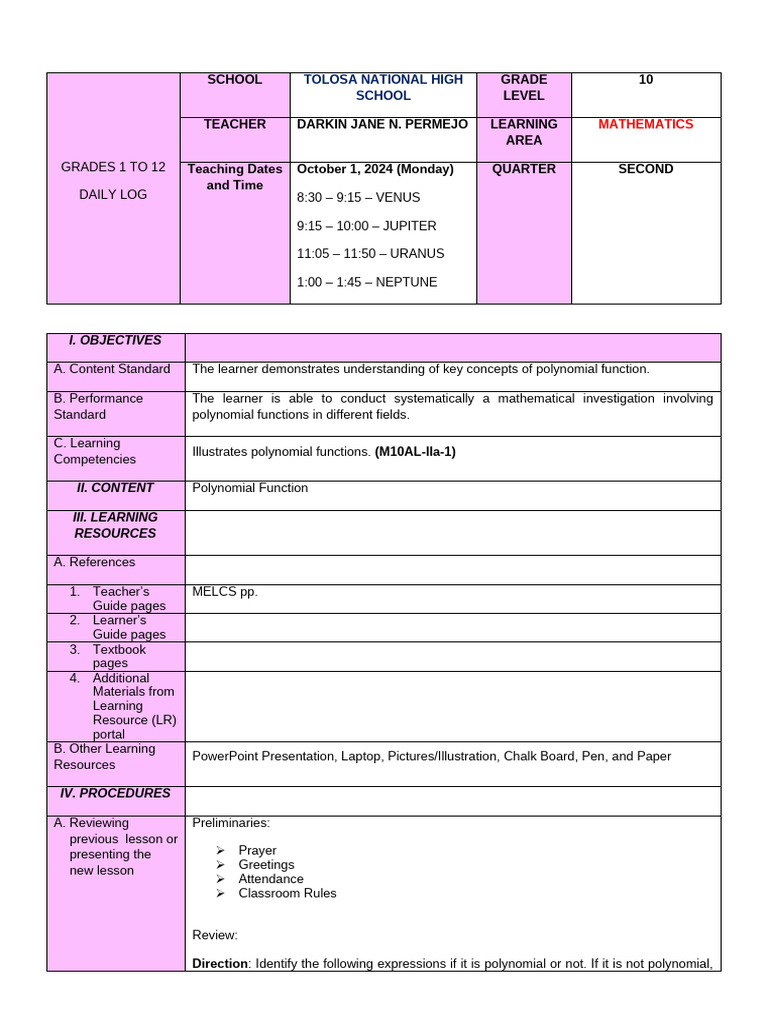 PERMEJO LP (10 - Polynomial Functions) | PDF | Polynomial | Algebra