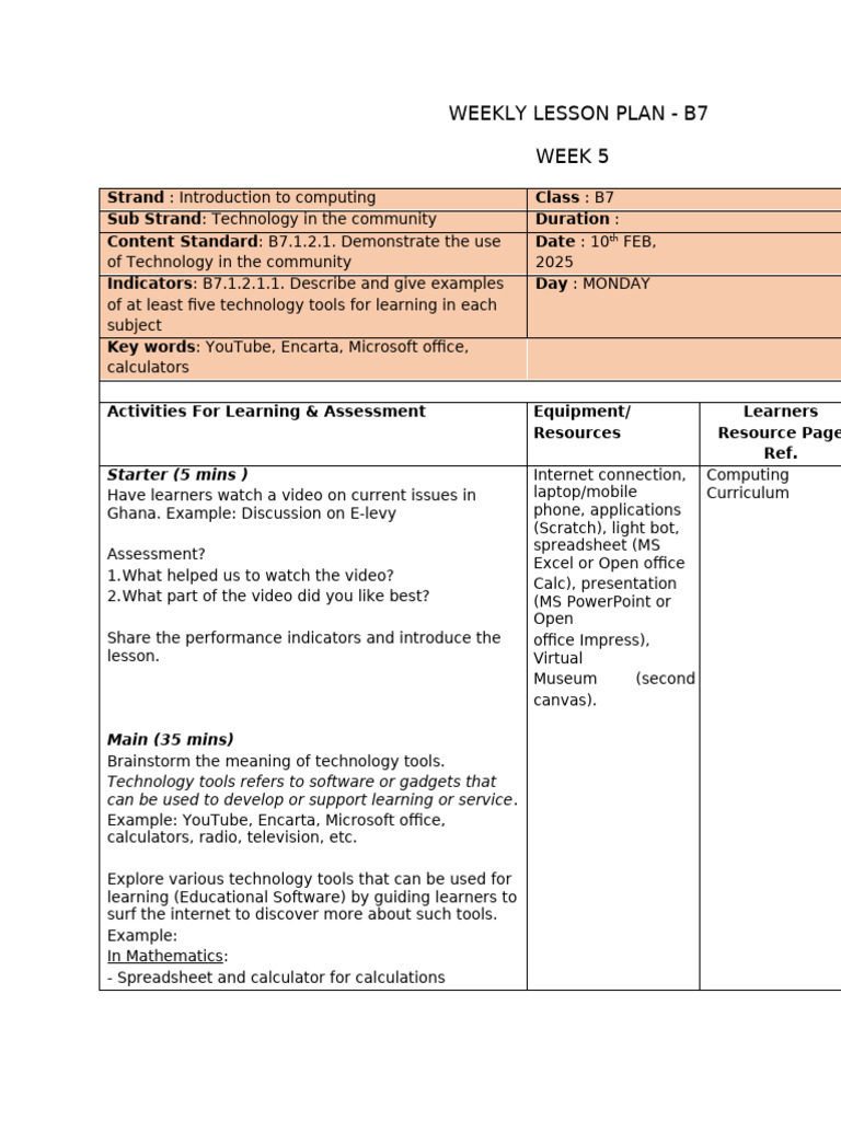 WEEKLY LESSON PLAN ICT B7 | PDF | Internet | Educational Technology