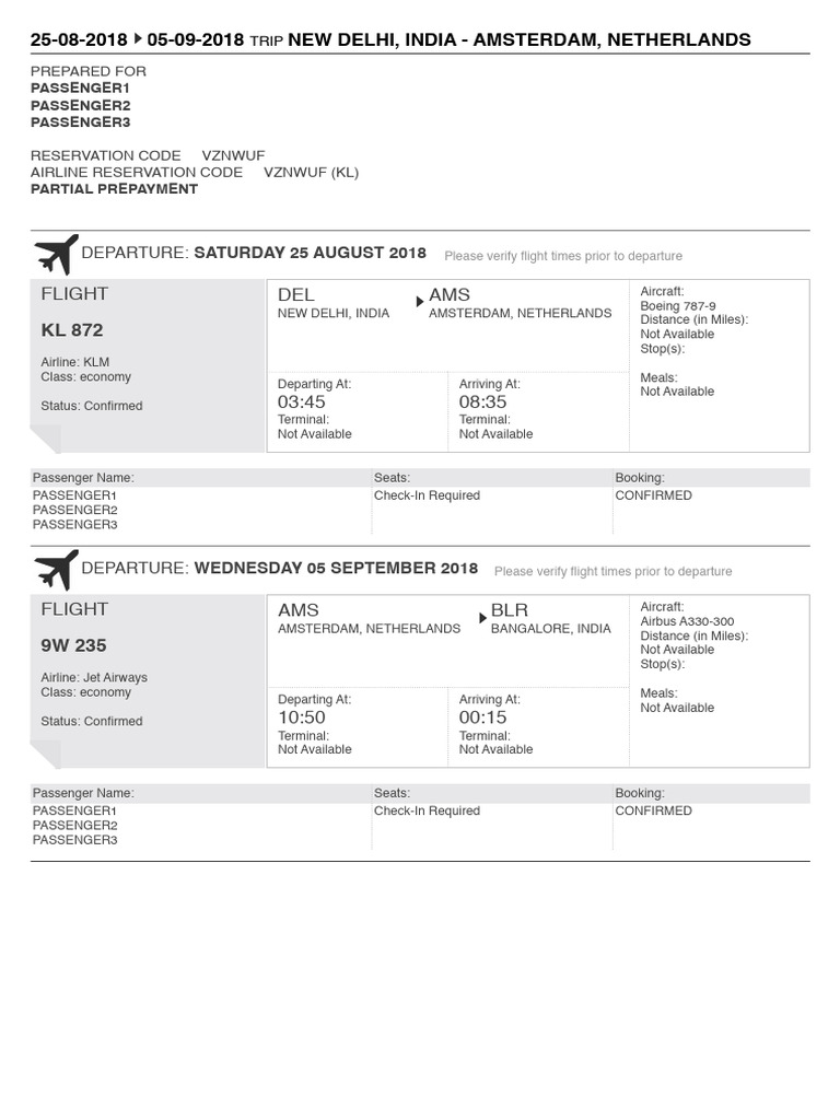 Jet Airways Amsterdam-Bangalore Itinerary | PDF | Airliner | Jet Aircraft