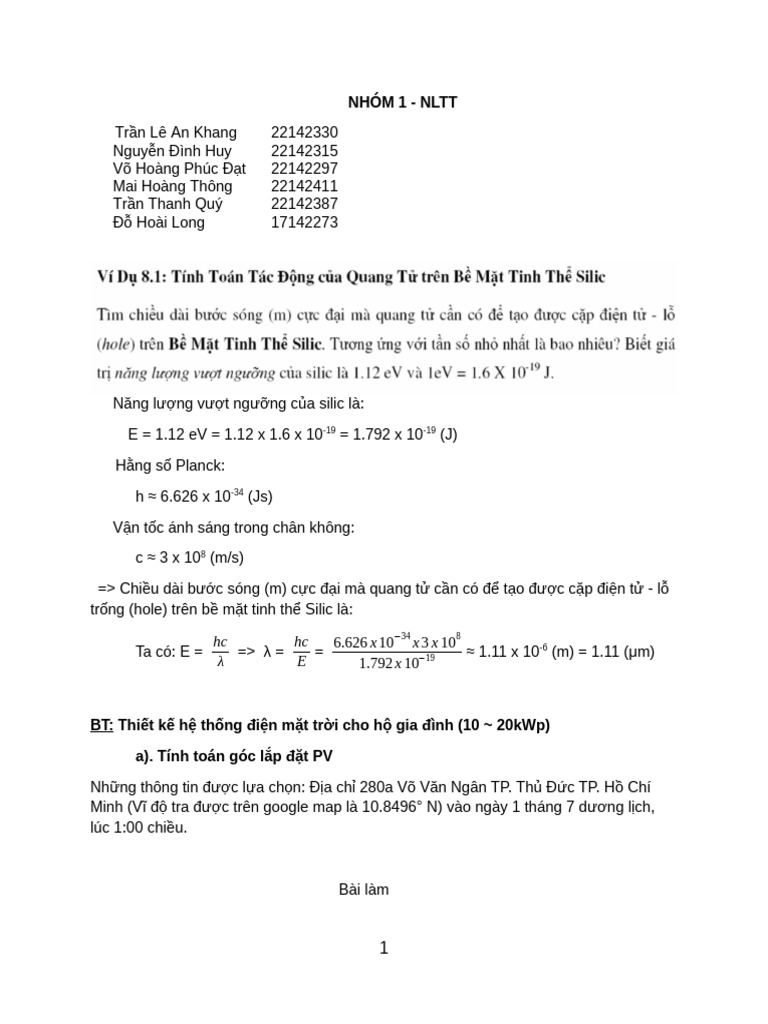 BT vd 8.1 và Thiết kế hệ thống NLMT cho hộ gia đình | PDF