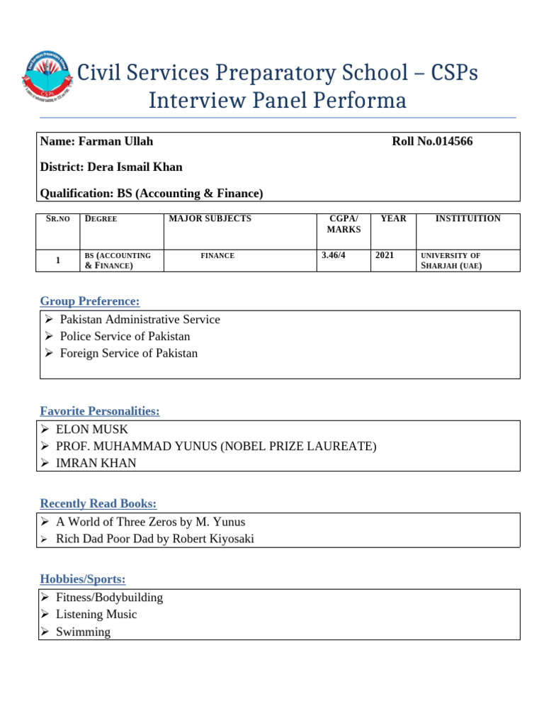 CSS Interview Panel Performa | PDF