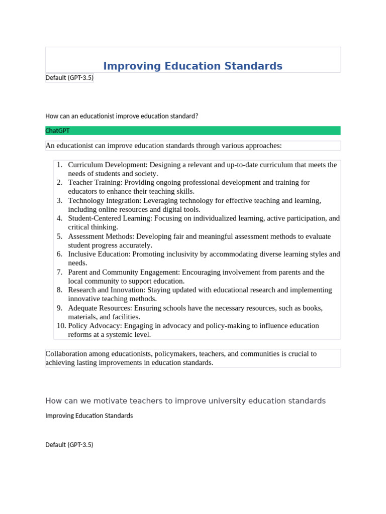 Improving Education Standards | PDF | Teachers | Educational Assessment