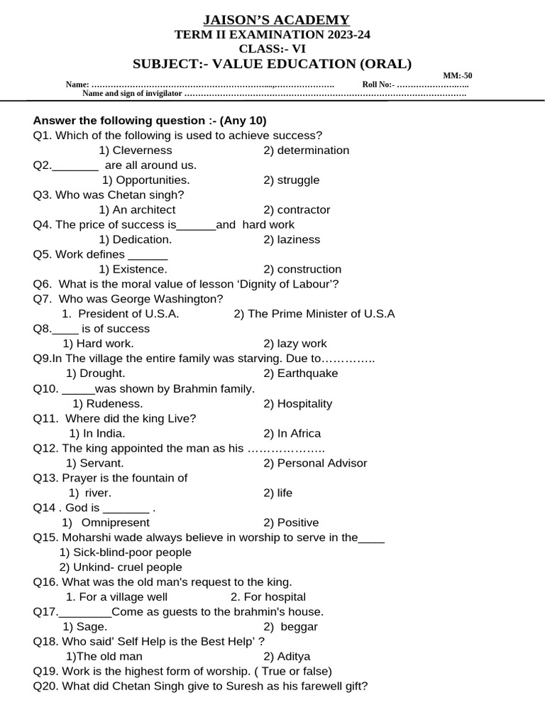 Class 6 Value Education Exam Paper | PDF