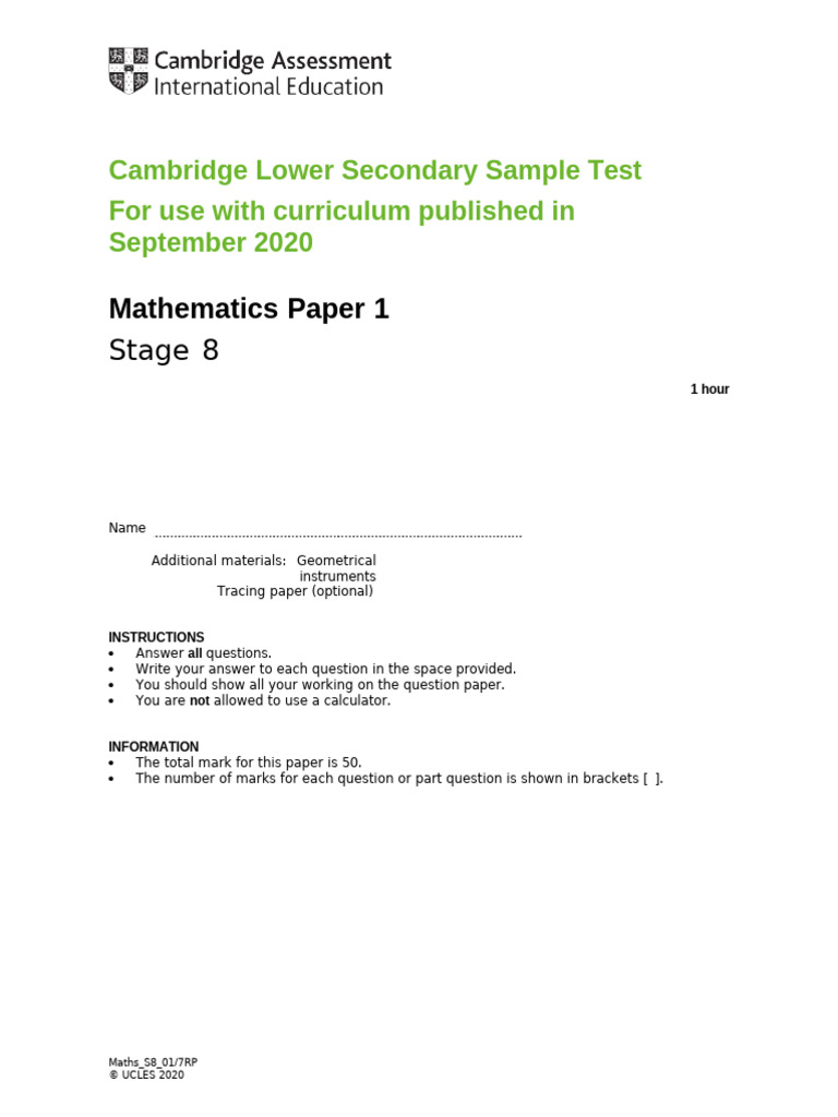 Cambridge Stage 8 Maths Sample Test | PDF | Geometry | Mathematics