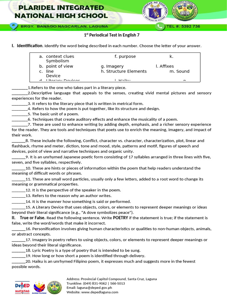 1st Periodical Test MATATAG | PDF | Poetry | Linguistics