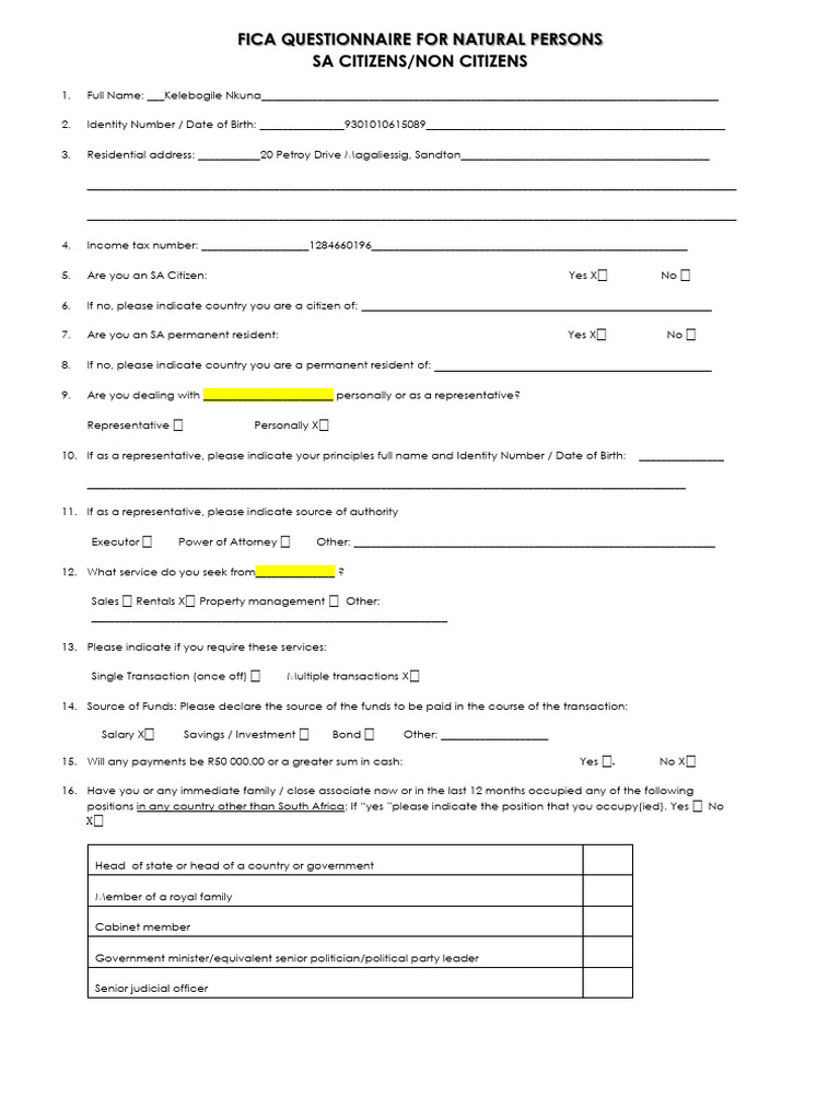 FICA Questionnaire for Individuals | PDF