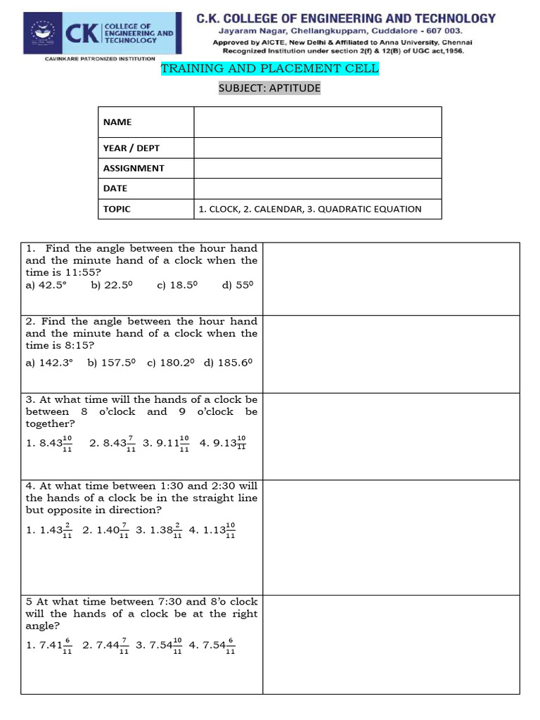 Clock and Calendar Aptitude Questions | PDF