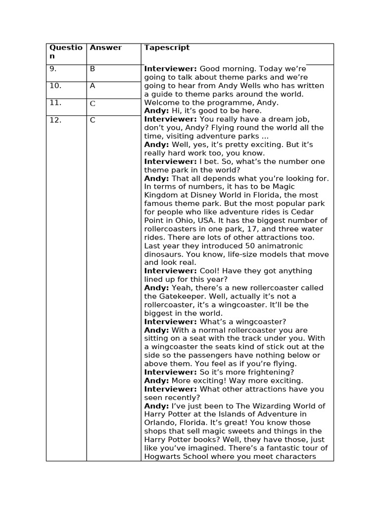 Keys and Tapescript For Part 5.2 | PDF | Amusement Park